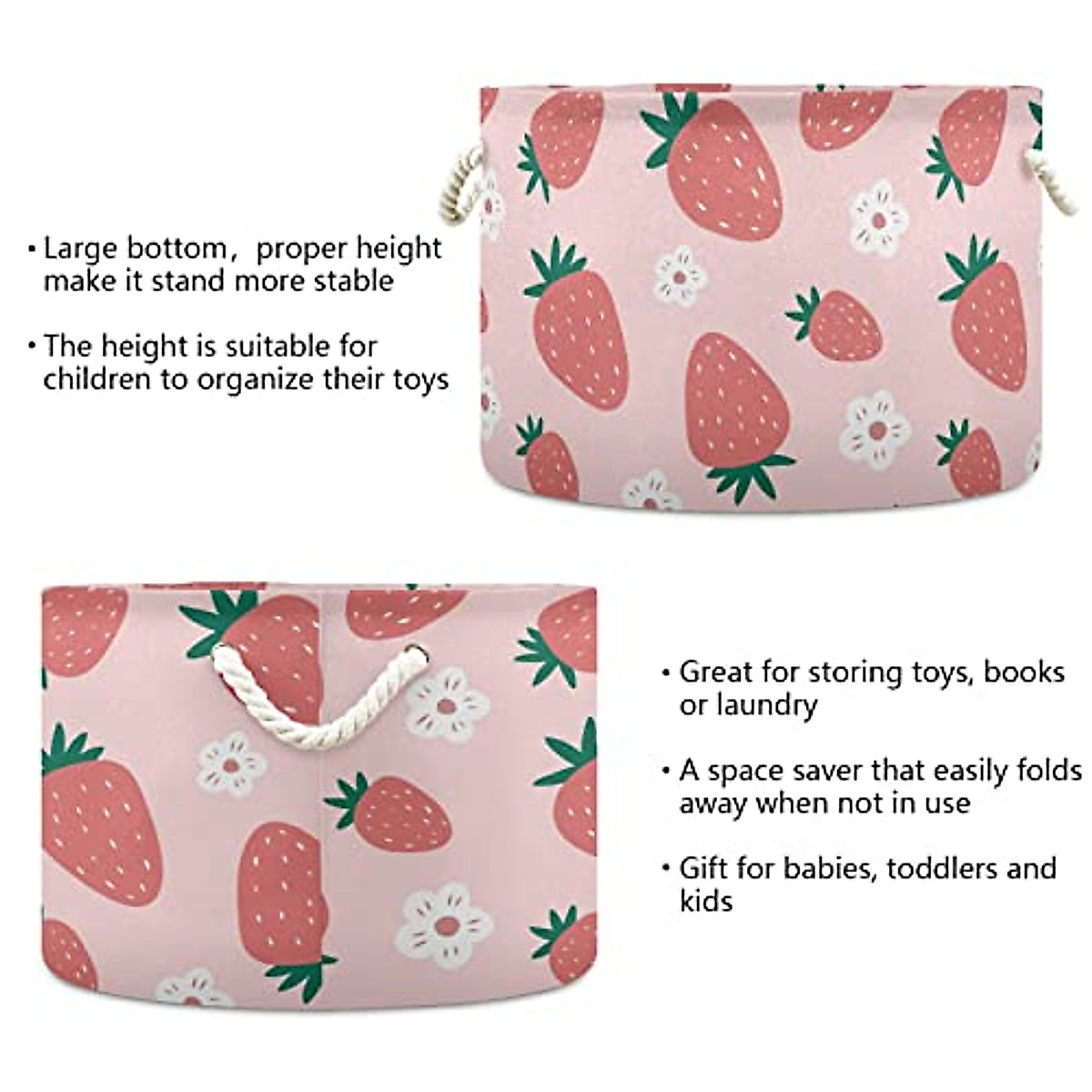 xigua Cute Strawberry (2) Large Round storage basket 20 x14 Inches Collapsible Round Storage Bin, Laundry Basket Organizer for Towels, Blanket, Toys, Clothes