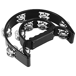 MUKLEI 4 Pack 9 Inch Double Row Tambourine, Half Moon Musical Tambourine, Metal Jingles Hand Held Percussion Drum with Ergonomic Handle Grip for KTV, Party, Gift, Black