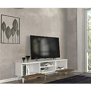 DORPEK Tealo Tv Stand White - Walnut, Tv Cabinet for TVs up to 65", Tv Bench with 2 Drawers and 2 Open Shelves, Tv Storage Unit for Living Room and Bedroom