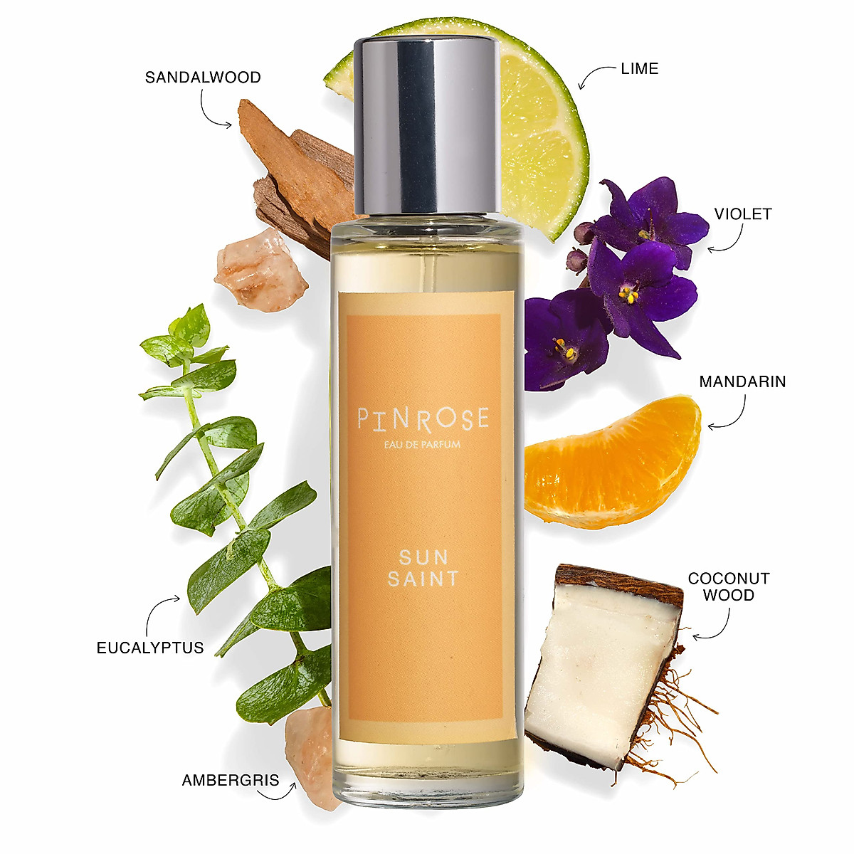 PINROSE Perfumes Sun Saint - Eau de Parfum Fragrance Spray for Women - Clean, Vegan, Cruelty-free, and Hypoallergenic Scent with Essential Oils - Notes of Lime, Sea Salt, Sun-warmed Coconut Wood, Eucalyptus, Sandalwood and Cashmere Musk - 1 fl oz/30 ml