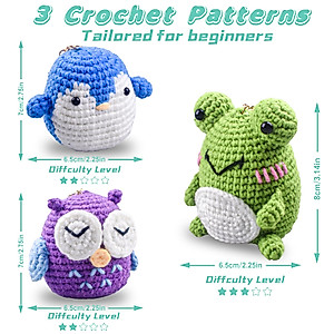Crochet Kit for Beginners Kids Adults - Amigurumi Crocheting Animal Kits, Beginner Knitting Set DIY Art Craft, 3 Pattern Owl, Penguin, Frog, Easy to Learn Tutorials, Yarns, Hook, for Girls Age 12+