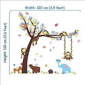 ElecMotive Cartoon Forest Animal Monkey Owls Hedgehog Tree Swing Nursery Stickers Murals DIY Posters Vinyl Removable Art Wall Decals for Kids Girls Room Decoration (Bear Elephant)