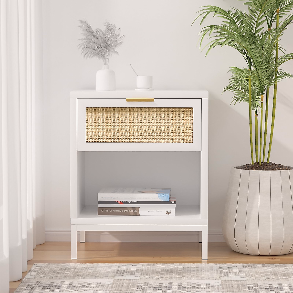 Anmytek White Nightstand with Rattan Decor Drawer, Mid Century Modern End Table with Open Storage, Farmhouse Night Stand, Small Side Table for Bedroom