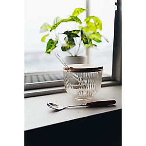 KC 2pc Glass Coffee Vintage Mug Set With Bamboo Lid And Glass Straw - 15oz Jumbo Glass Cup With Stainless Steel + Bamboo Spoon And Glass Straw - Glass Snack Bowl With Spoon