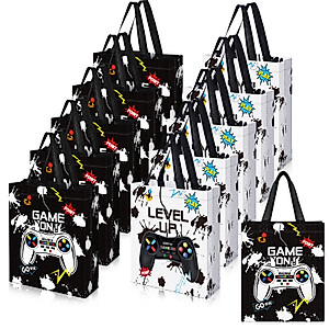 Sweetude 30 Pcs Video Game Gift Bag with Handle Game Party Supplies Reusable Gaming Non Goody Bag for Girl Boy, 2 Styles(Black, White)