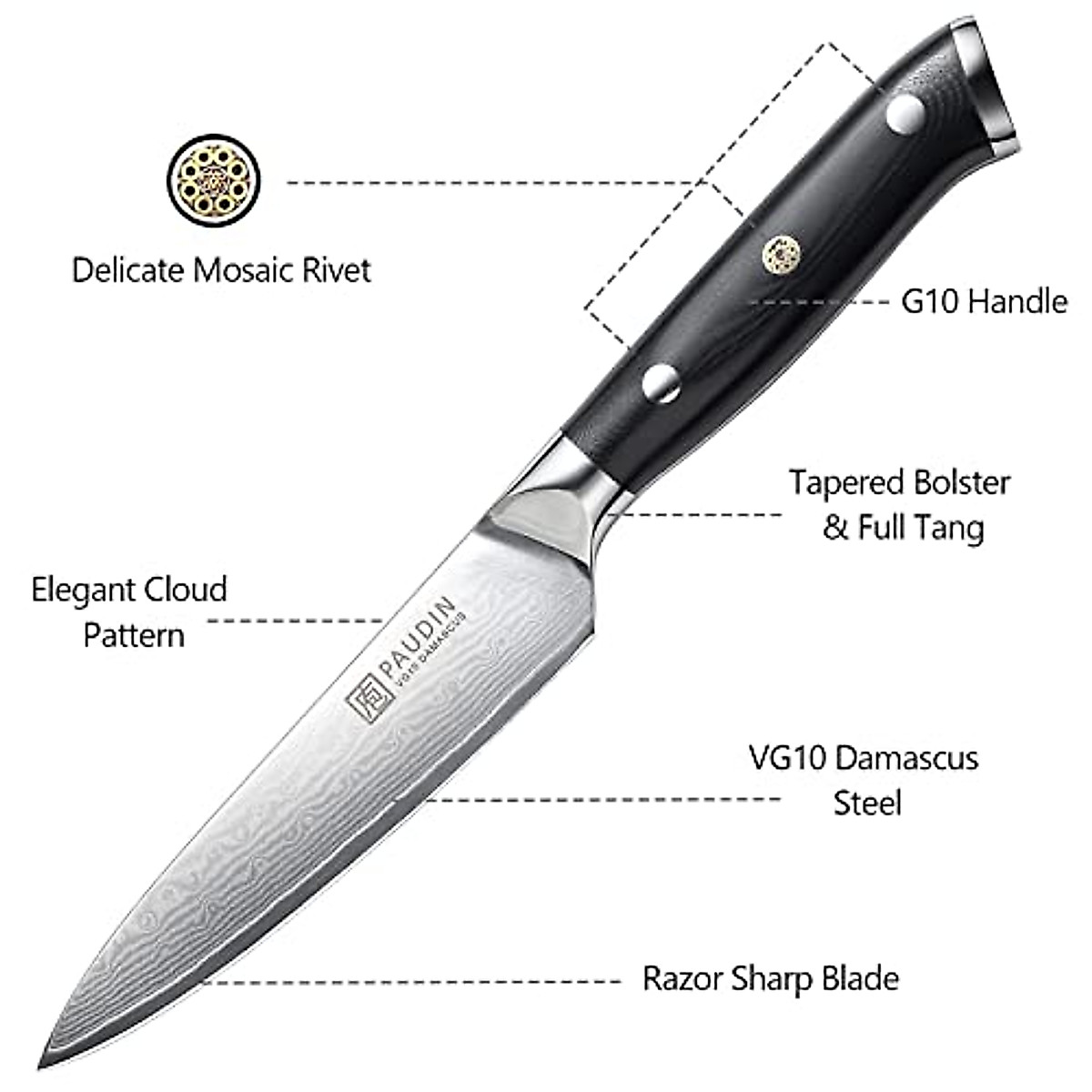 PAUDIN Utility Knife, 5'' Paring Knife, Damascus Kitchen Knife, 67-Layer Forged Blade Ultra Sharp Edge, Stainless Steel Knife, Full Tang G10 Handle with Triple Rivets, for Cutting Fruit and Vegetables