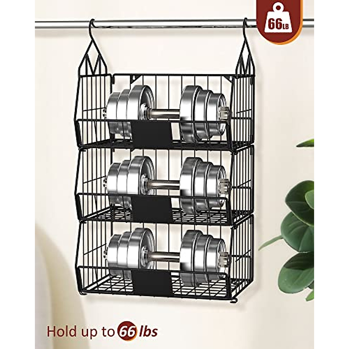 REFLYING 3 Tier Foldable Closet Organizer, Closet Organizers and Storage with 4 S Hooks,Kids Closet Organizers and Storage,Closet Hanging Basket,Metal Drawers for Closet,Black