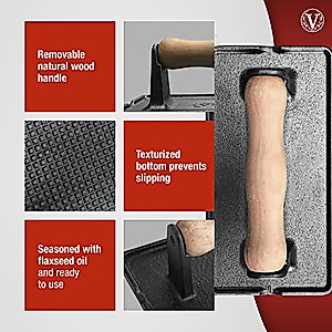 Victoria Rectangular Cast-Iron Meat Press with a Wooden Handle, Preseasoned with Flaxseed Oil, Made in Colombia