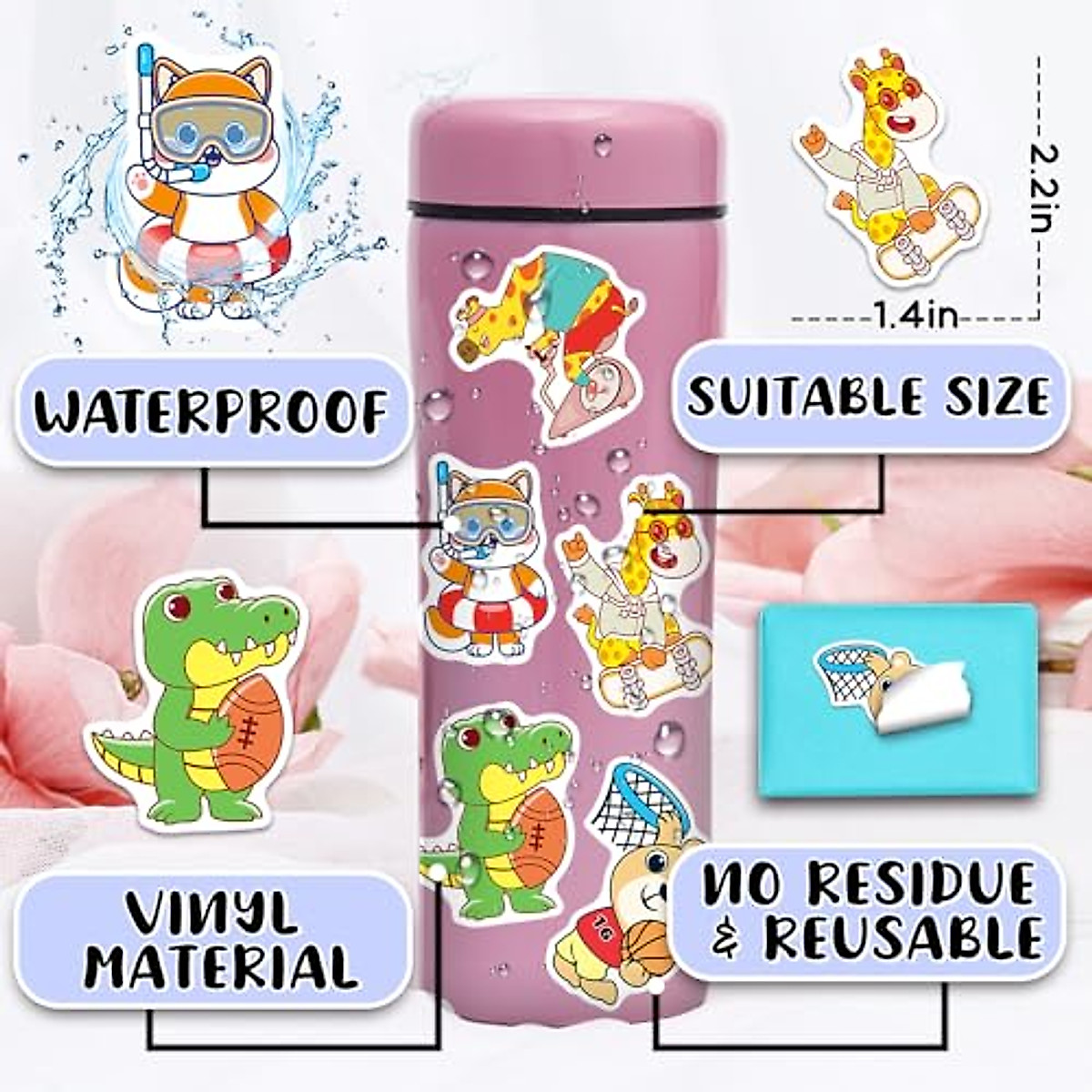 WAKEMOODEI 200PCS Cute Sports Animal Stickers for Kids, Kawaii Animal Stickers for Water Bottles Waterproof Vinyl Stickers Animals Aesthetic Sticker Packs for Girls Boys Teens