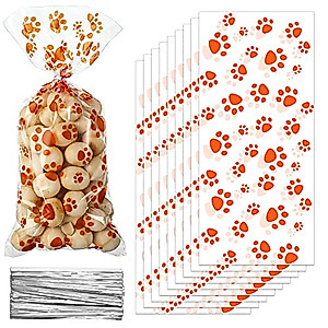 Blulu 200 Pieces Pet Paw Print Cone Cellophane Bags Heat Sealable Candy Bags Dog Paw Gift Bags Cat Treat Bags with 200 Pieces Silver Twist Ties for Pet Treat Party Favor (Orange)