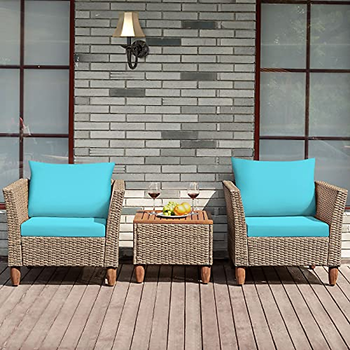 Tangkula 3 Piece Patio Furniture Set, Outdoor Wicker Rattan Bistro Sofa Set w/Washable Cushion, Acacia Wood Top Coffee Table, Conversation Set w/Adjustable Feet for Balcony Backyard Porch (Turquoise)