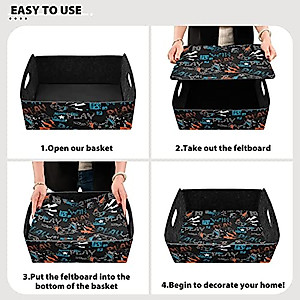 CaTaKu Foldable Storage Basket Gamer Cute Black Collapsible Felt Storage Bins with Handle Drawer Organizer Bin Cube Shelf Box for Organizing Closet Clothes Office Books Bedroom