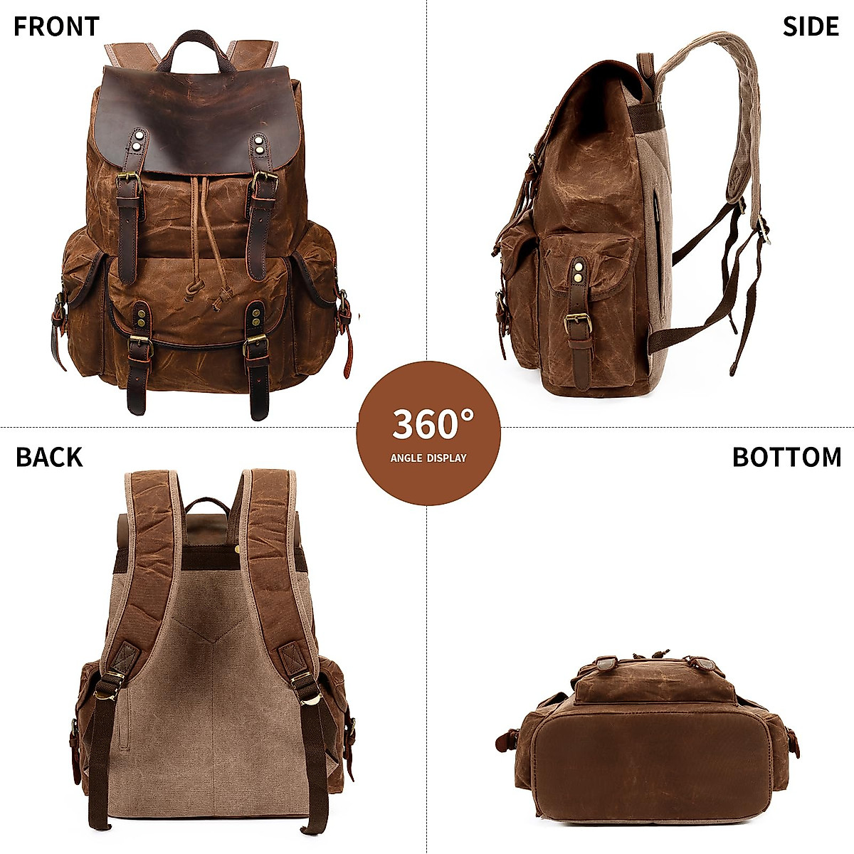 HuaChen Rugged Leather and Waxed Canvas Backpack for Men, Shoulder Rucksack for Travel Laptop School Hiking (M80_Brown)