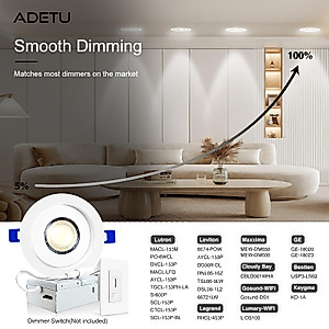 Adetu 4 Inch Gimbal Led Recessed Lights, 360°+90° Adjustable Directional Recessed Lighting, 2700K/3000K/3500K/4000K/5000K Dimmable Retrofit Eyeball Can Lights with Jbox, ETL(White, 6 Pack)