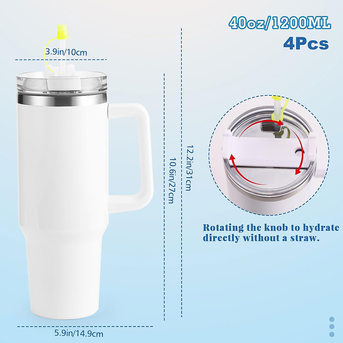 Sublimation Tumblers Blanks Bulk, 4 Pack 40 oz Personalized Insulated Tumbler with Lid & Straw Cover & Handle, Stainless Steel Water Bottle Mug Iced Coffee Cup, Gift for Women Men Party Travel, White