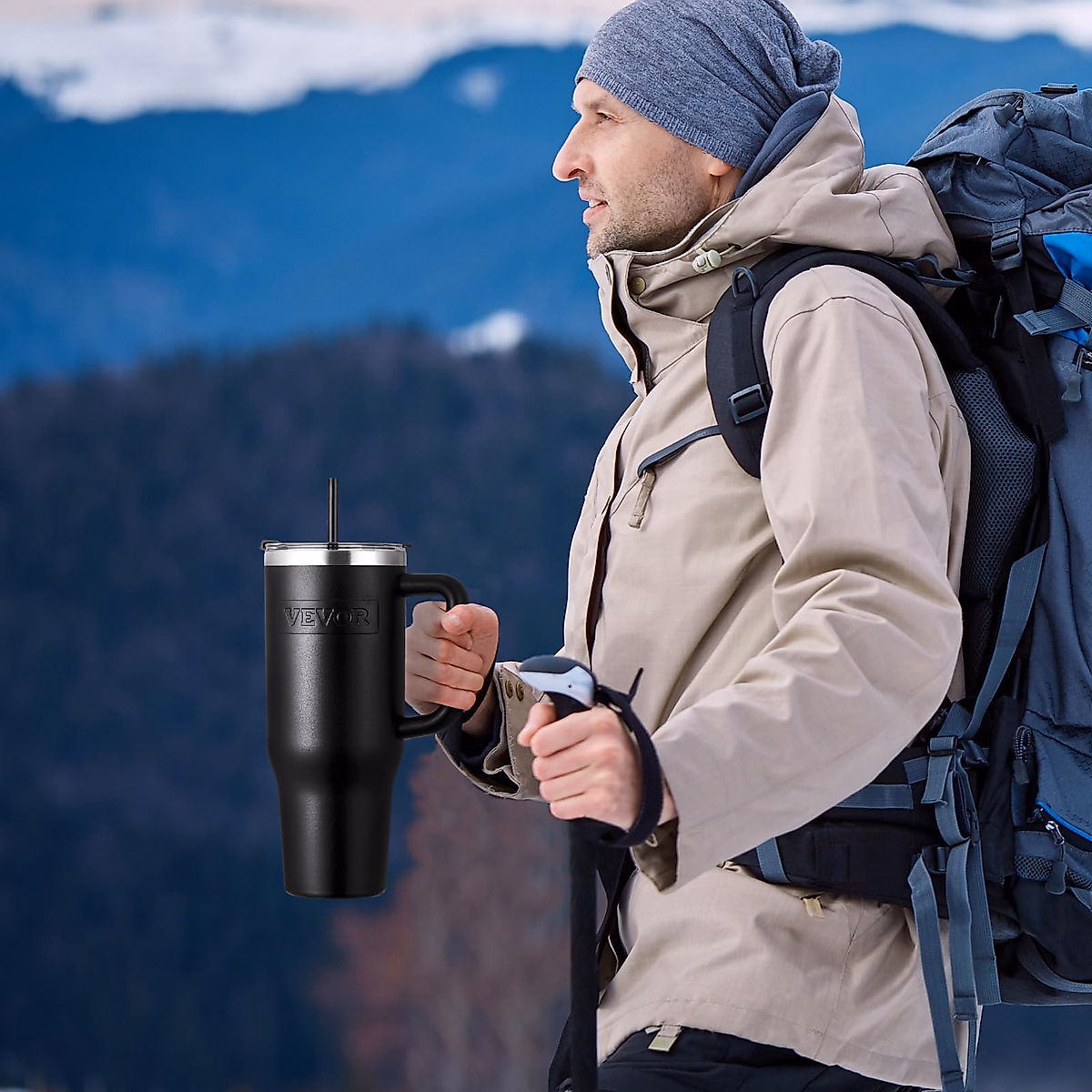 VEVOR 40 oz Insulated Water Bottle, Stainless Steel Sports Coffee Cup with Lid, Handheld Travel Coffee Mug Double Walled, Camping Hydration Flask Leakproof, for Indoor/Outdoor School, Work, Black