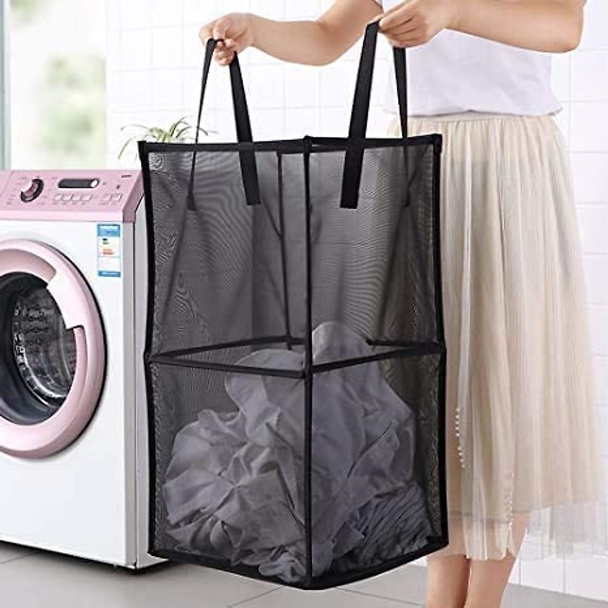 2 PC Folding Mesh Laundry Basket Dorm Laundry Bag Mesh Laundry Hamper Foldable Collapsible Laundry Tote Mesh Baskets Portable Mesh Carrier Pop Up Hamper for Laundry Room, Apartment(Grey, 2 Layer)
