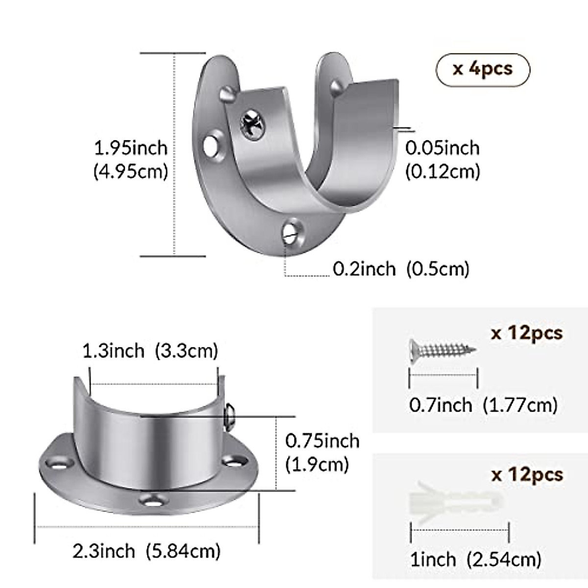 4 Packs Stainless Steel Wardrobe Bracket U-Shaped Rod Socket Flange 1-1/4" Diameter Heavy Duty Closet Rod Brackets End Supports for Closet Rod with Screws (Silver)