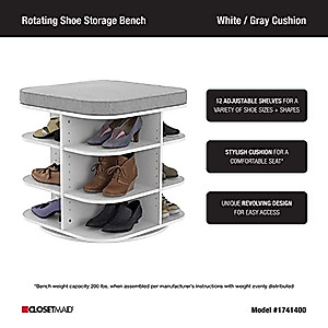 ClosetMaid Shoe Storage Bench Ottoman, Rotating with Gray Cushion, Adjustable, White Finish