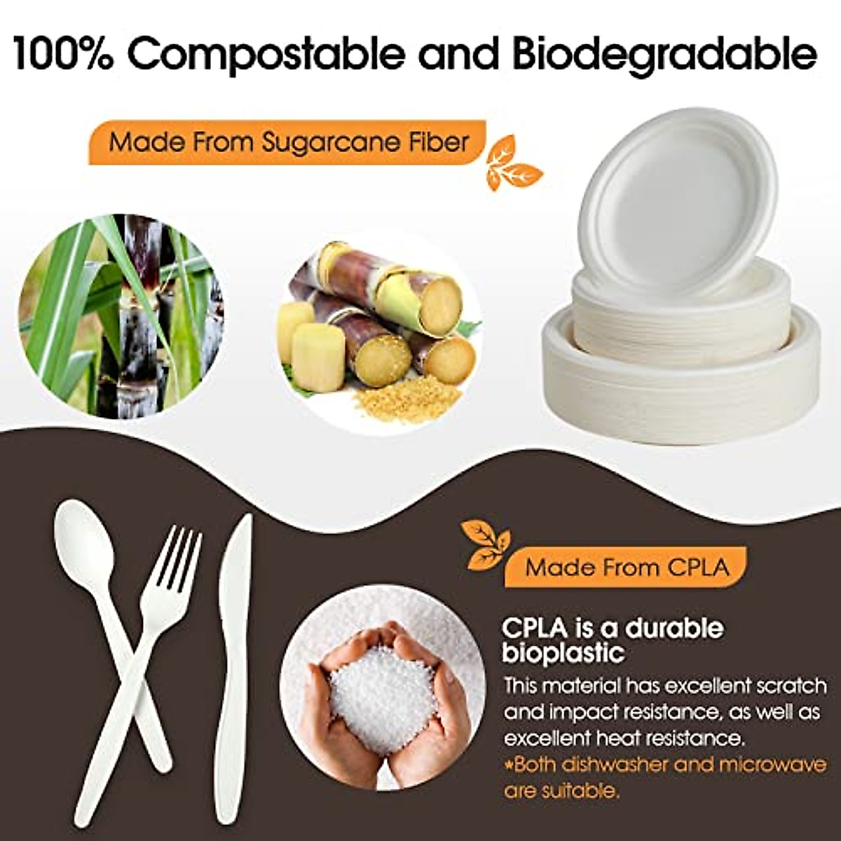 FOCUSLINE 150 Count Compostable Paper Plates and Utensils 30 Guest, Heavy-Duty Disposable Bagasse Plates Eco-Friendly Biodegradable Cutlery, Natural Eco-friendly Compostable Dinnerware