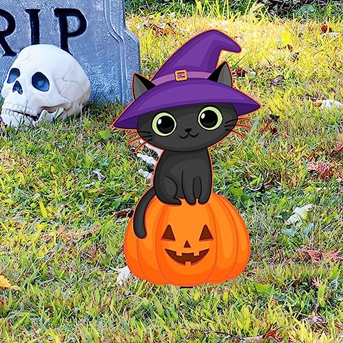 LUOZZY 2pcs Halloween Outdoor Decorations Black Cat Pumpkin Yard Stakes Garden Cat Sign with Stake Halloween Yard Decors