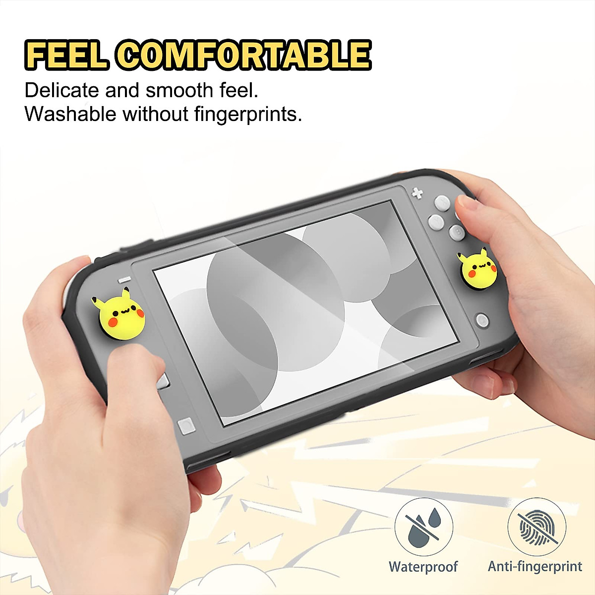 DLseego Flash Pika Switch Lite Protective Case Cool Soft TPU Shell Shockproof Scratch Resistant Cover Joy Con Japanese Amine Skin with 2PCS Lovely Cartoon Thumb Grips Caps for Switch 2019 - Black