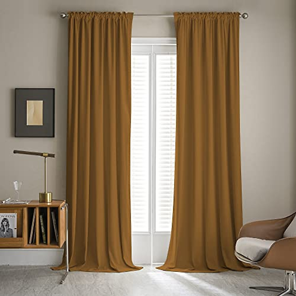 MUMFAS Velvet Curtains 84 Inches Long 2 Panels Gold Amber Brown, Super Soft Heavy Duty Luxury Drapes for Bedroom Living Room Darkening Curtains Urban Decor (Caramel Brown Rod Pocket&Back Tab)