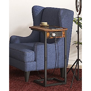 Hzuaneri L Shaped End Table with Charging Station, Bed Side Table with USB Port & Outlet, Couch Table, C Snack Table for Living Room, Bedroom, Rustic Brown and Black ET04901B