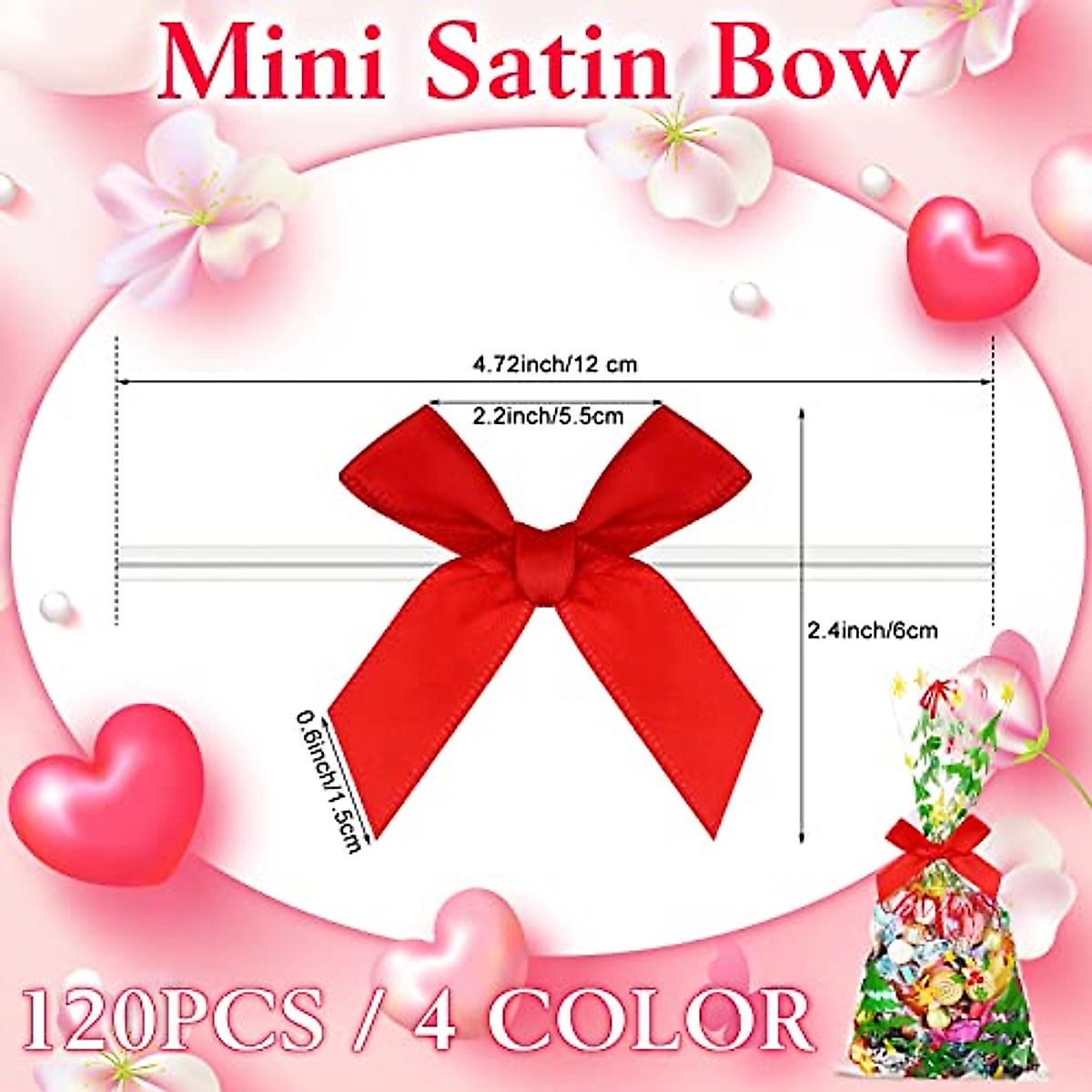 120 Pcs Easter Twist Bow Satin Twist Tie Bows Fabric Bows for Crafts Polyester Craft Bows Decorating Ribbon Bows Gift Wrap Bows for Candy Bags Decoration (Rose Red, Pink, Red, White)
