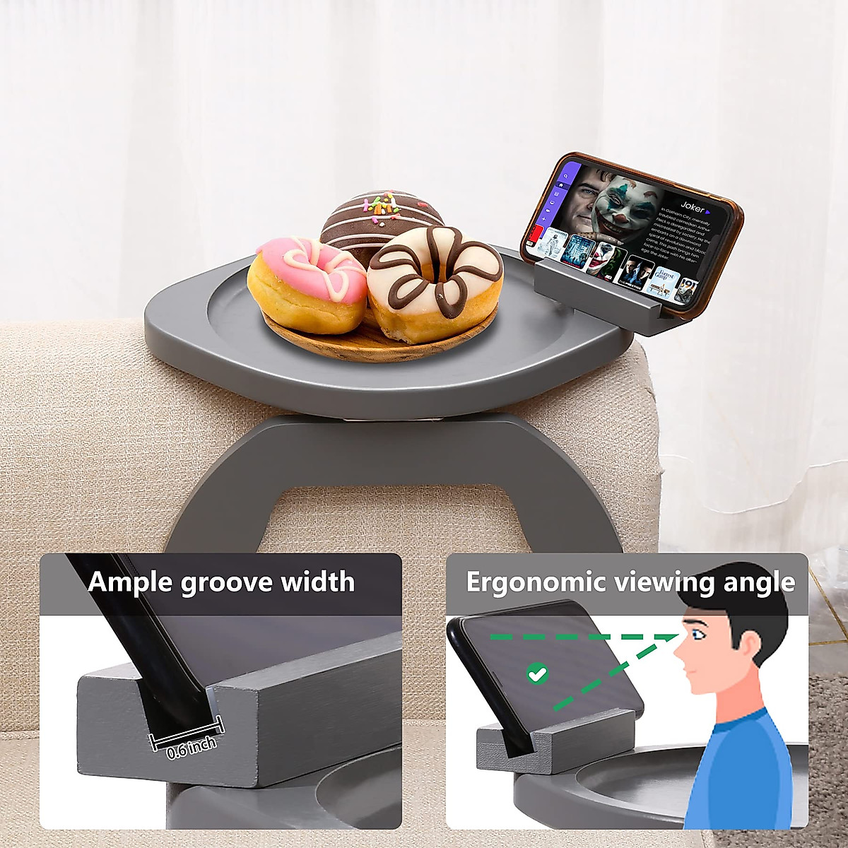 SINWANT Couch Arm Table, Bamboo Round Sofa Clip Tray Table with 360° Rotating Phone Holder,Sofa Arm Tray for Arm Chair Table, Folding Snack Eating Drink Tables
