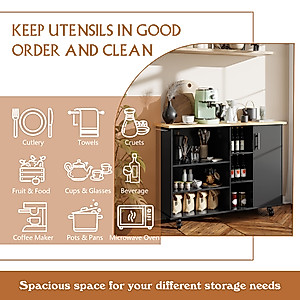 QAQA 48" Kitchen Island Cart Furniture cart on Wheels with Storage，Rolling Portable Dining Room Serving Utility Carts Mobile Movable with Drawers Cabinet,Black
