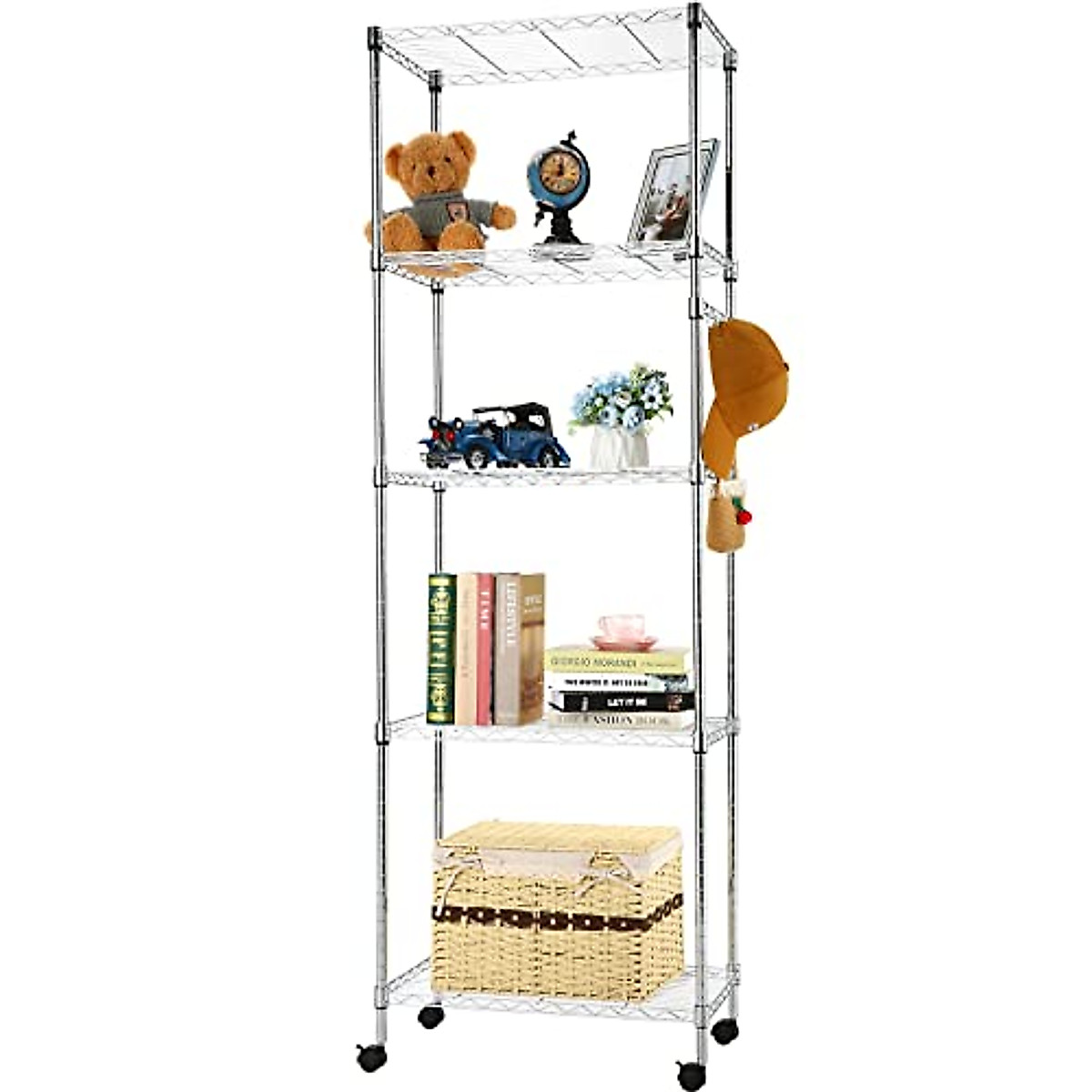 BATHWA 5-Shelf Wire Shelving Units, Sturdy Metal Shelf Chrome Organizer Wire Rack with 360° Wheels, Adjustable Utility Storage Shelves for Garage, Kitchen, Living Room, Bathroom, 23.2L x 13.8W x 72H