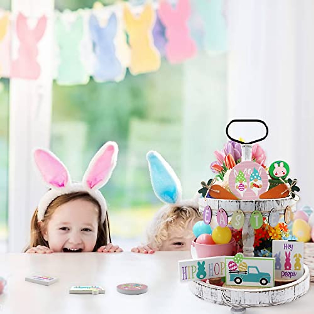 MISBEST Easter Decorations,Easter Tiered Tray Decor - Gnomes Bunny with Egg& Carrots,Hip Hop Wooden Signs -Farmhouse Rustic Tiered Tray Items - Happy Spring Decoration for Indoor Home