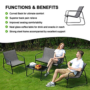 PIZZELLO 4 Pieces Patio Furniture Set Outdoor Garden Patio Conversation Sets with 2 Porch Chairs, Loveseat and Glass Coffee Table, Textilene Bistro Set (Black and Grey)