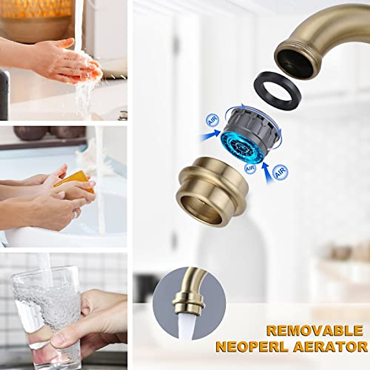 WOWOW Gold Bridge Kitchen Faucet 2 Hole Antique Brass Bridge Faucet 2 Handle 8 Inch Centerset Farmhouse Kitchen Sink Faucet 360° Swivel Vintage Tap