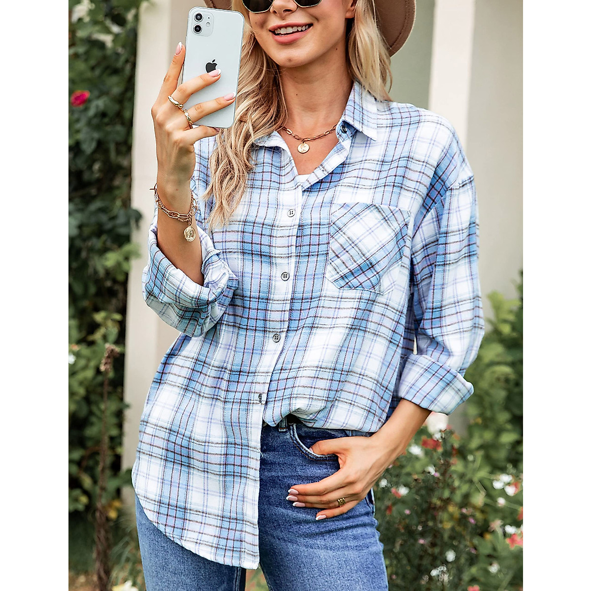 Megfie Oversized Womens Flannel Plaid Soft Flannel Button Down Shirt Roll Up Long Sleeve Flannel Plaid Shirt Blouses Women(0070-SkyBlue-L)