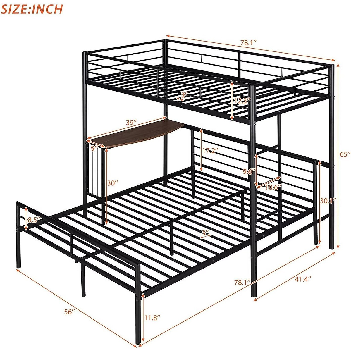 Twin Over Full Bunk Bed, Metal L-Shaped Bunk Bed Frame with Desk, Guardrail and Ladder, Space Saving Bed for Boys Girls, Convertible Into Twin Loft Bed & Full Platform Bed, Noise Free, Black