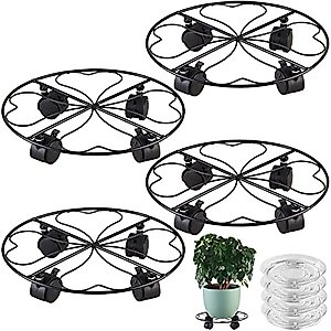 4 Packs Metal Plant Caddy with Wheels 12” Heavy-Duty Wrought Iron Rolling Plant Stands with Casters Indoor and Outdoor Plant Pot Roller Base Plant Movers Saucers with Wheels, Glossy Black