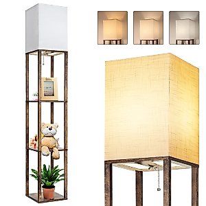 Dott Arts Floor Lamp with Shelves, 3 Color Temperature LED Bulb, Wood Texture, Storage, Brown