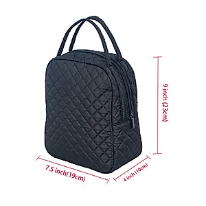 Machine Washable Women Cute Quilted Fabric Insulated Reusable Cooler Lunch Tote Bag Adult Thermal Lunch Box Storage Bag for work,Picnic, Beach (Black)