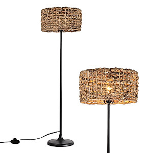 Zompoo Bamboo Rattan Floor Lamp for Living Room, Boho Hand-Worked Woven Cylinder Lampshade Standing Lamp with Foot Switch, Industrial Black Tall Floor Light Decoration for Bedroom, Farmhouse