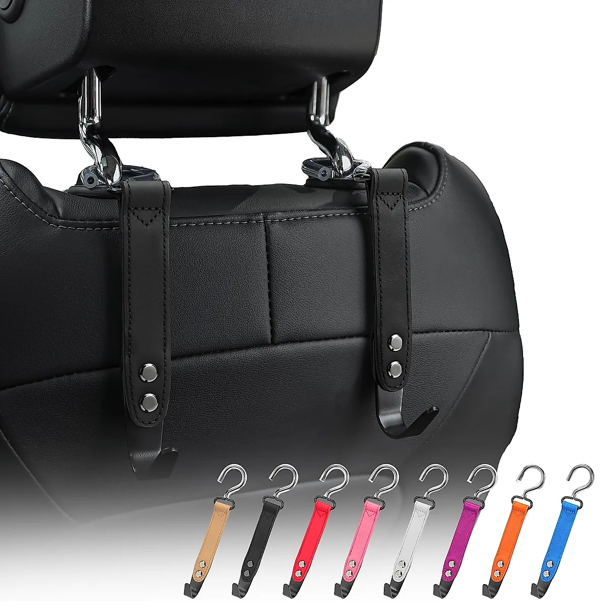 compuda Car Hooks,Car Purse Hook,Car Headrest Hook 2 Pack Leather Headrest Hooks for car accessories,SUS304 Car Bag Hooks(Black)