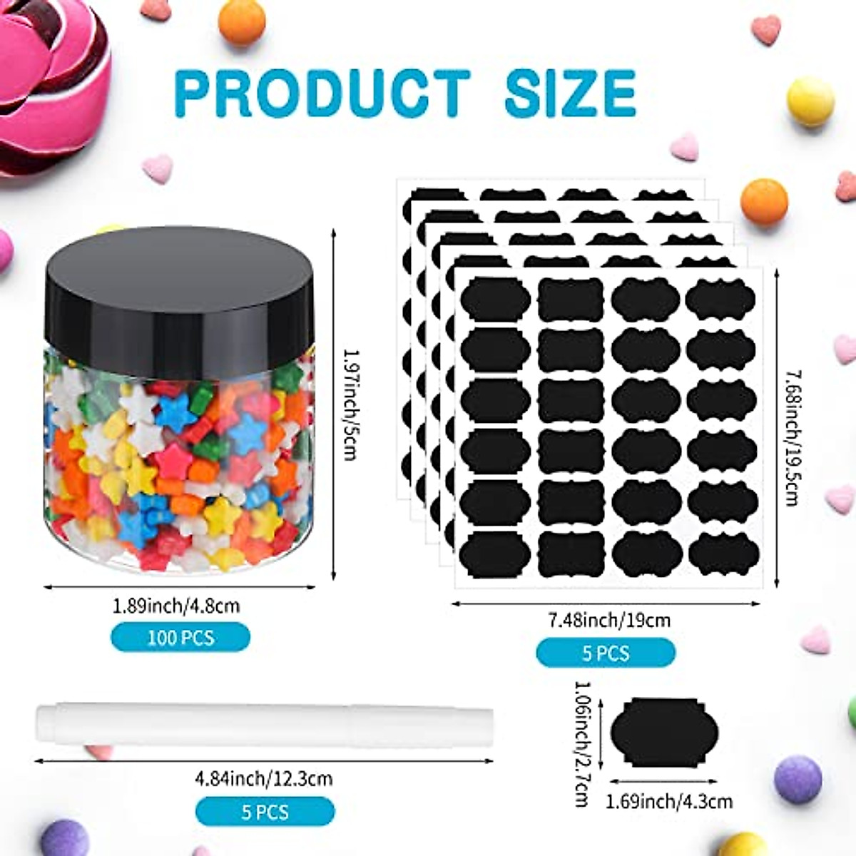 Mimorou 100 Pcs Plastic Jars with Lids Wide Mouth Round Clear Containers, Black Pen and Labels Refillable Airtight Travel Storage Leak Proof Small for Storing Dry Food, Makeup, Honey, Butter (2 oz)