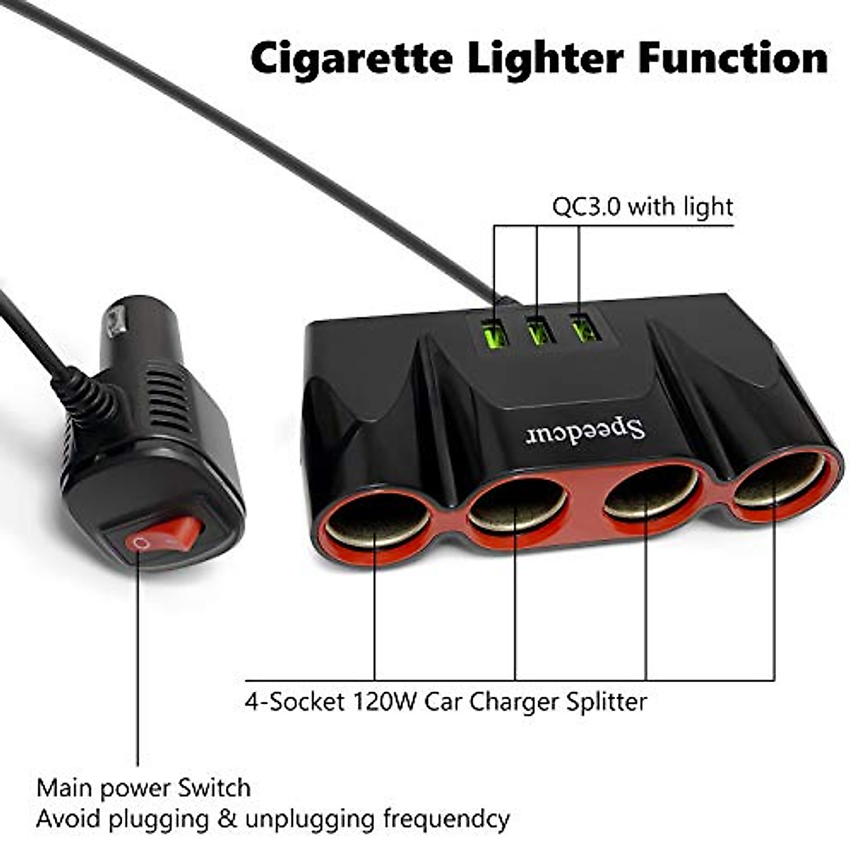 USB Car Charger Splitter Adapter, 120W 12V/24V 4-Socket Cigarette Lighter Adapter with 3pcs USB QC3.0 Car Charger Socket Quick Charge for GPS, Dash Cam, Sat Nav, Phone, iPad