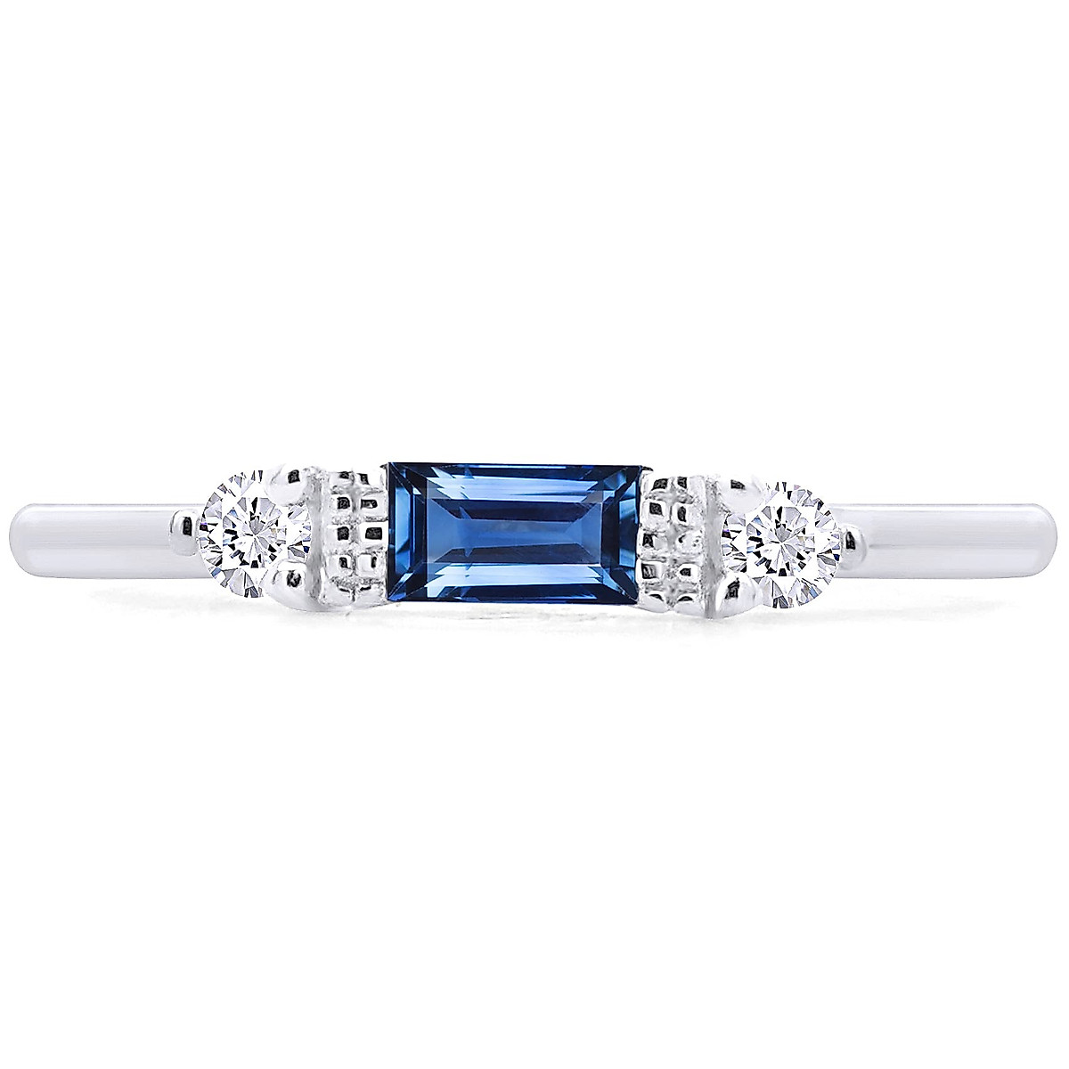 AFFY Baguette Simulated Sapphire Blue & White Cubic Zirconia 14K White Gold Over Sterling Silver Three Stone Design Bridal Engagement Wedding Ring Jewelry for Women Size -8
