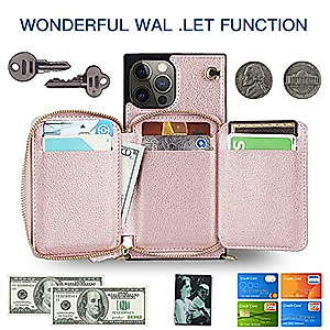 DEFBSC Crossbody Zipper Wallet iPhone 12 Pro Max Case, Square Wallet Case Crossbody Chain Credit Card Holder Slot Shoulder Handbag Purse Wrist Strap Case for iPhone 12 Pro Max 6.7 Inch(Rose Gold)