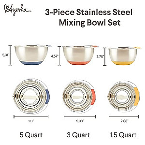 Ayesha Curry Kitchenware Pantryware Stainless Steel Nesting Mixing Bowls Set, 3 Piece, Silver with Color Accent Handles