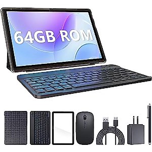 Tablet with Keyboard, 10.1 inch Android 11 Tablet PC, 2023 Newest 2GB+64GB Storage Quad-core Processor, 8MP Dual Camera, 6000mAh, WiFi, GPS, Bluetooth, 512GB Expandable, 1280x800 IPS Full HD Display