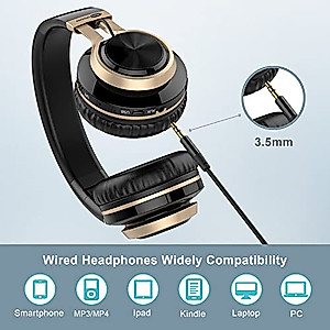 BASEMAN Wireless Bluetooth Headphones Over Ear, Long Battery Life Stereo Deep Bass Headset with Mic Wireless and Wired Headphones for iPhone Computer TF Card Slot Teens Boys Men Adults - Black Gold