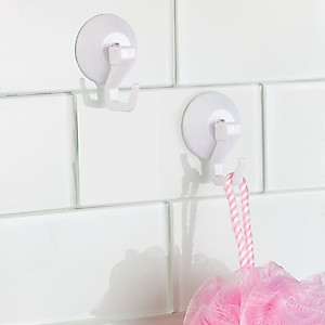 iDesign Power Lock Bathroom Shower Plastic Suction Cup Hooks for Loofah - Set of 2, White